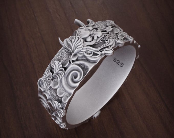 925 Silver Japanese Oni Mask Ring, Hannya Demon Band Ring, Engraved ...