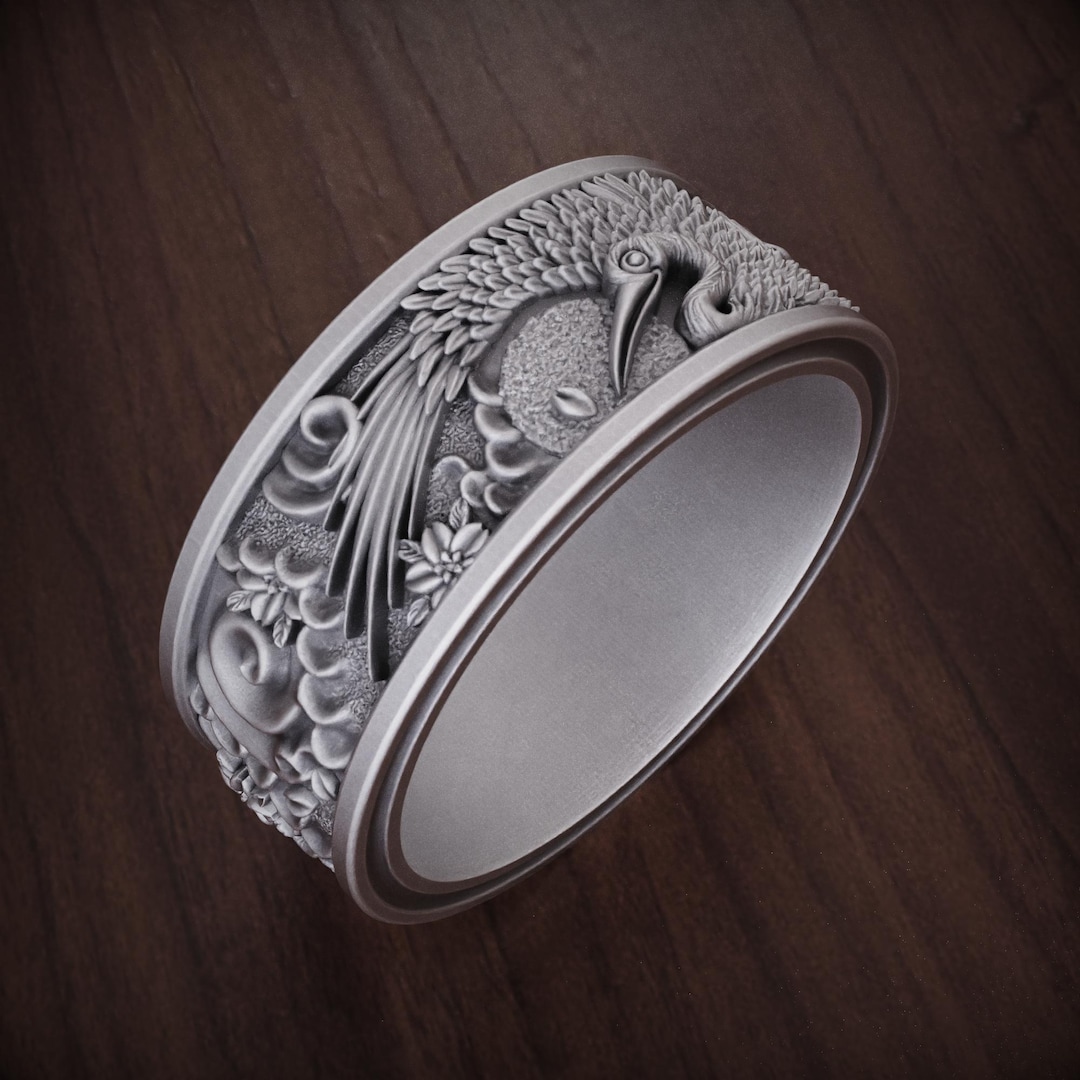 Silver Shadoof Japanese Sun Traditional Ornamental Ring, Crane Bird ...