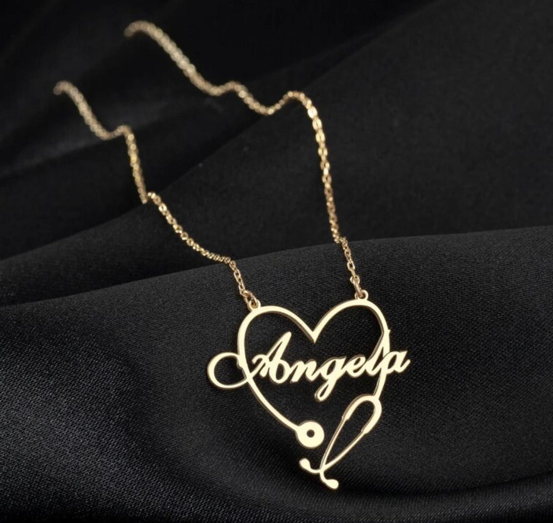 14K Solid Gold Personalized Stethoscope Name Necklace, Custom ...