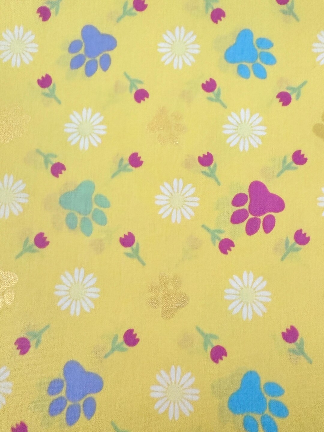 Multi Color Paw Print Fabric, Yellow Flower Material, Spring 100% ...