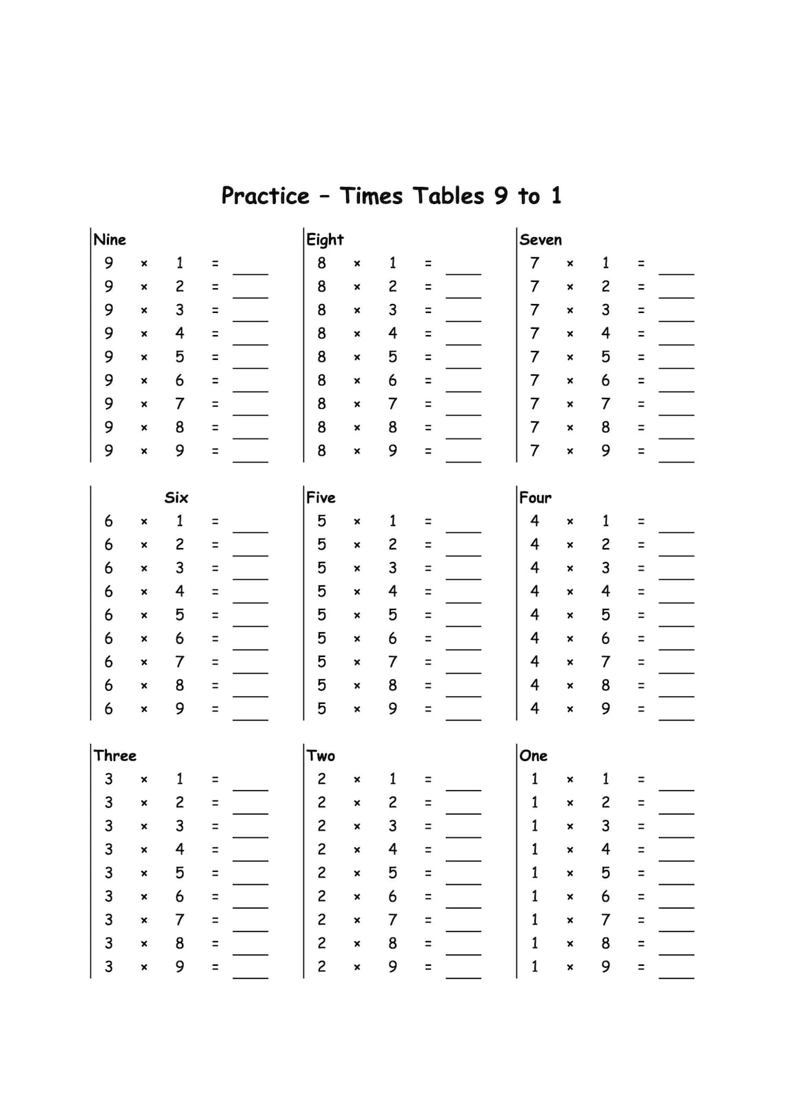 Times Tables - 6 Practice Worksheets - Multiplication 1 to 9 With ...
