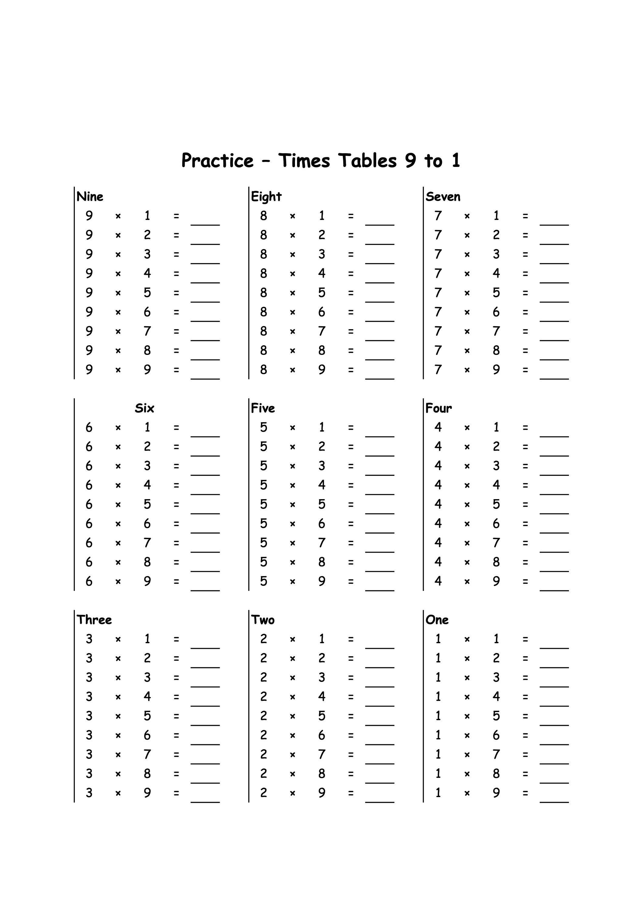 Times Tables - 6 Practice Worksheets - Multiplication 1 to 9 With ...