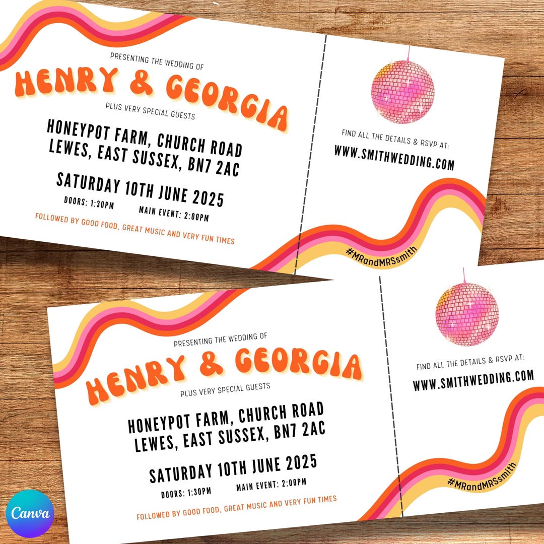 Wedding Gig Ticket Invite | Sunset, Disco, Retro, 70's Vibes | Canva ...