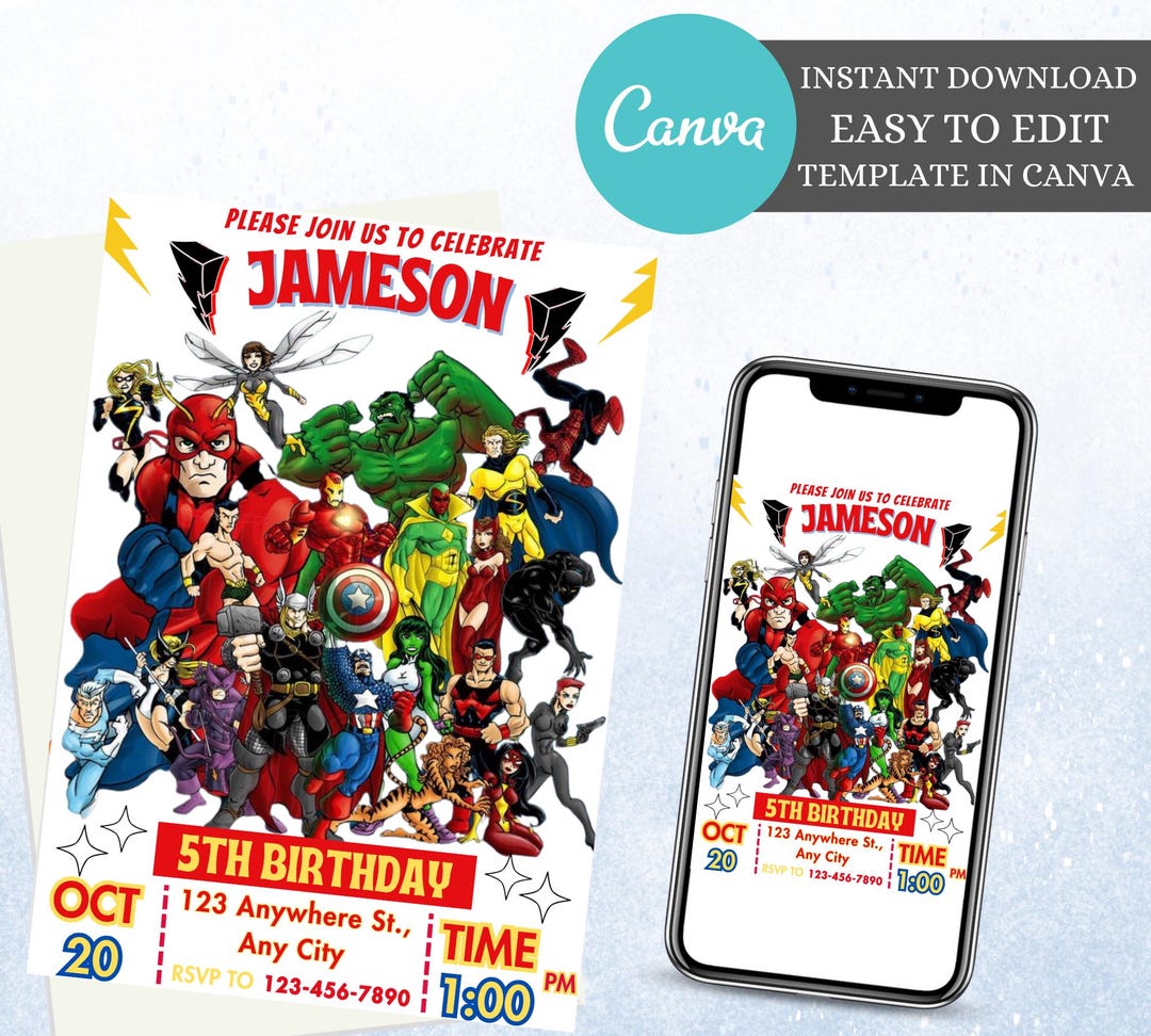 Avengers Birthday Invitation Template Digital Kids Party Template ...