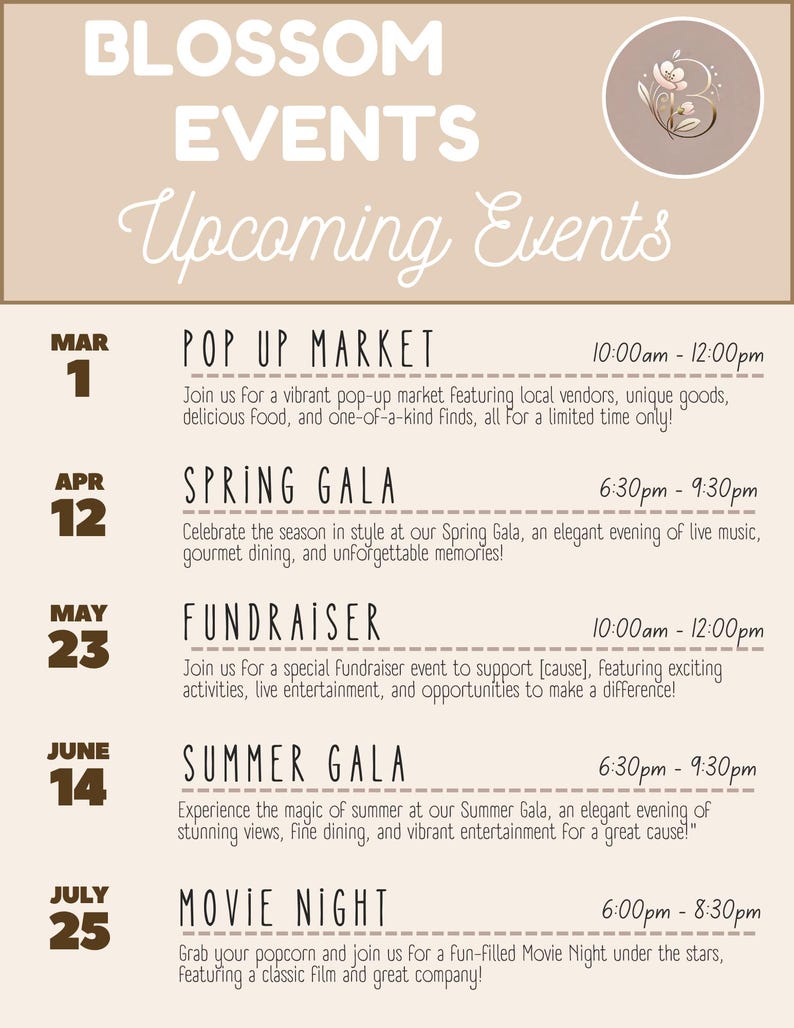 Upcoming Events Template - Etsy