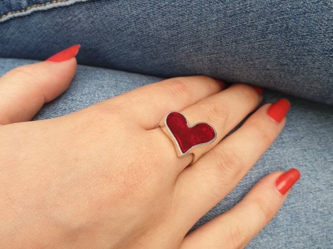 Red Resin Heart Ring for Women, Statement Sterling Silver Ring ...