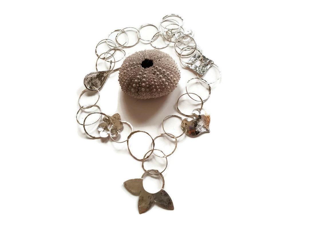 Long Sterling Silver Hammered Hoops Chain & Charm Shapes Necklace for ...