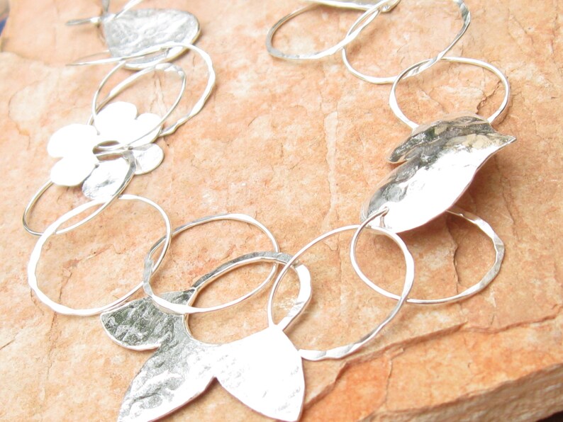 Long Sterling Silver Hammered Hoops Chain & Charm Shapes Necklace for ...