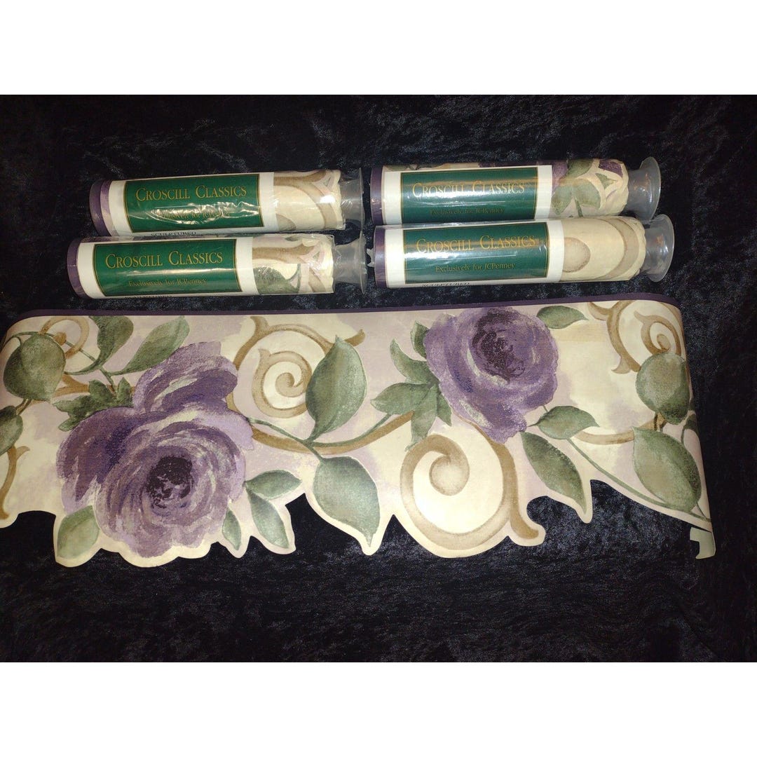 5 Rolls Cassis Plum Purple Roses Sculptured Wallpaper Border Croscill ...