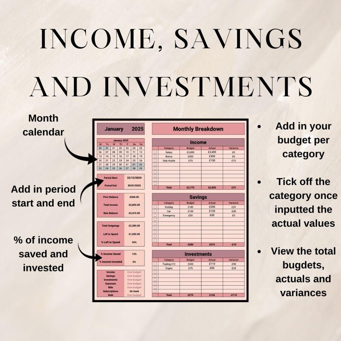 Monthly Budget Planner | Finance Tracker | Paycheck Planner | Budget ...