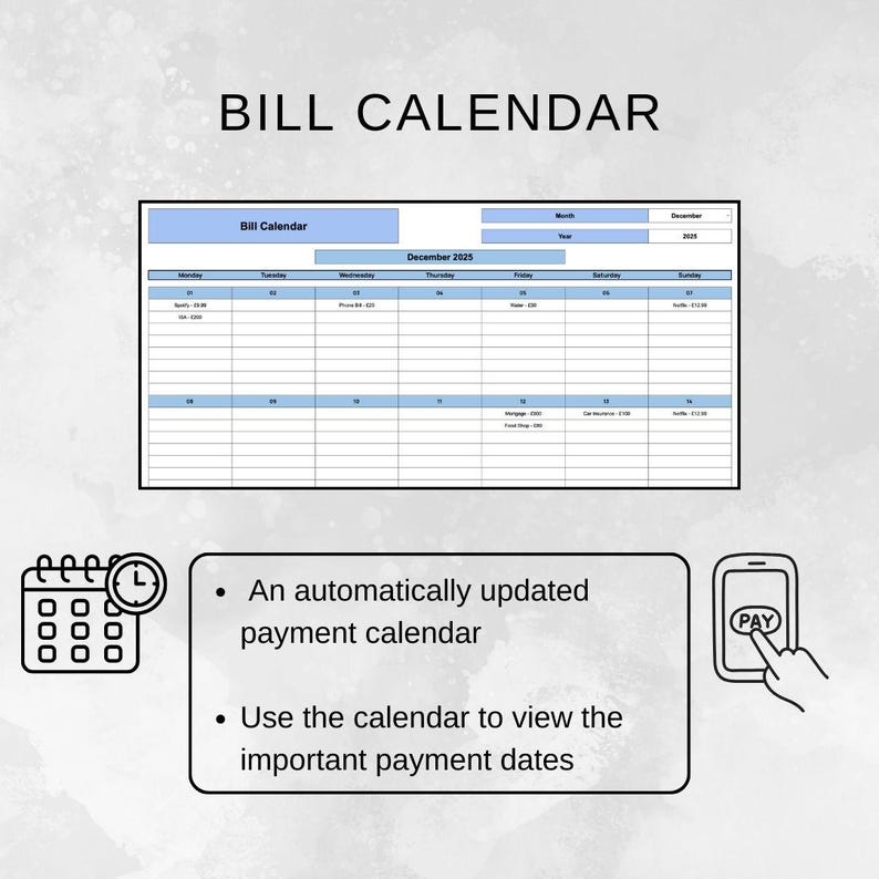 Bill Calendar | Finance Calendar Spreadsheet | Monthly Bills Tracker ...