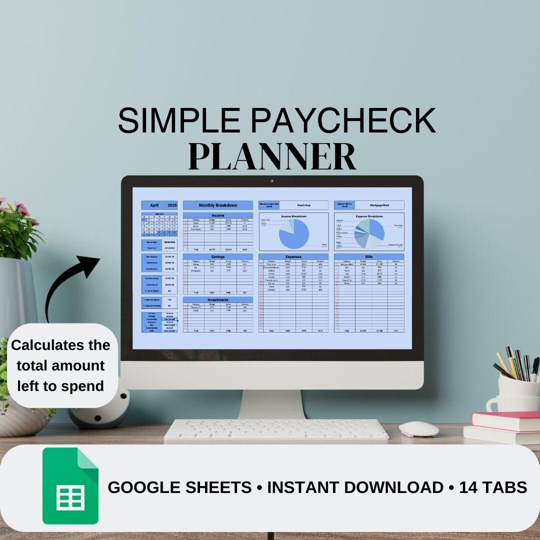 Simple Paycheck Planner Expense Tracker Monthly Budget Spreadsheet ...