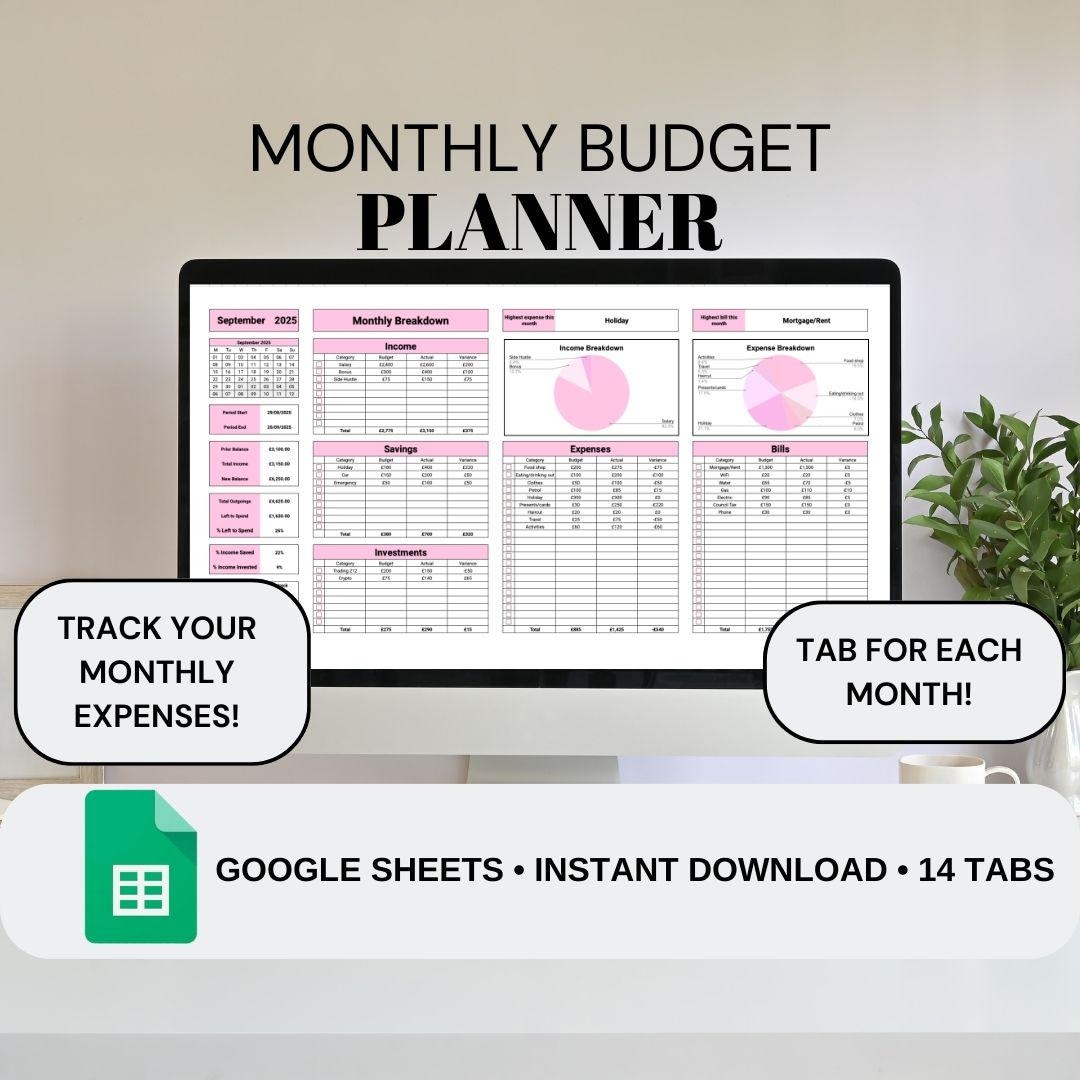 Pink Monthly Budget Planner | Finance Tracker | Paycheck Planner ...
