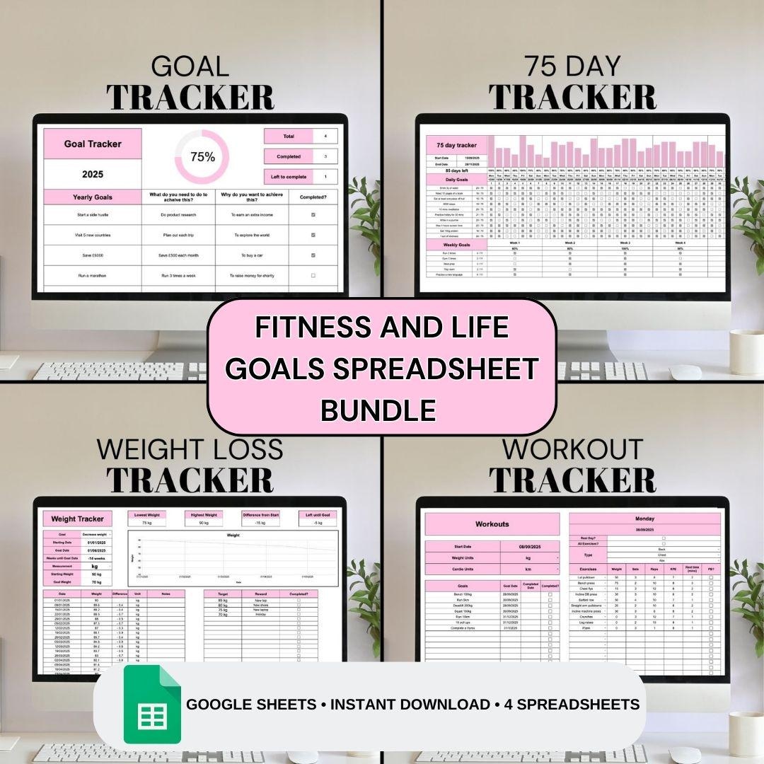 Pink Fitness and Life Goals Spreadsheet Bundle | Goal Trackers ...