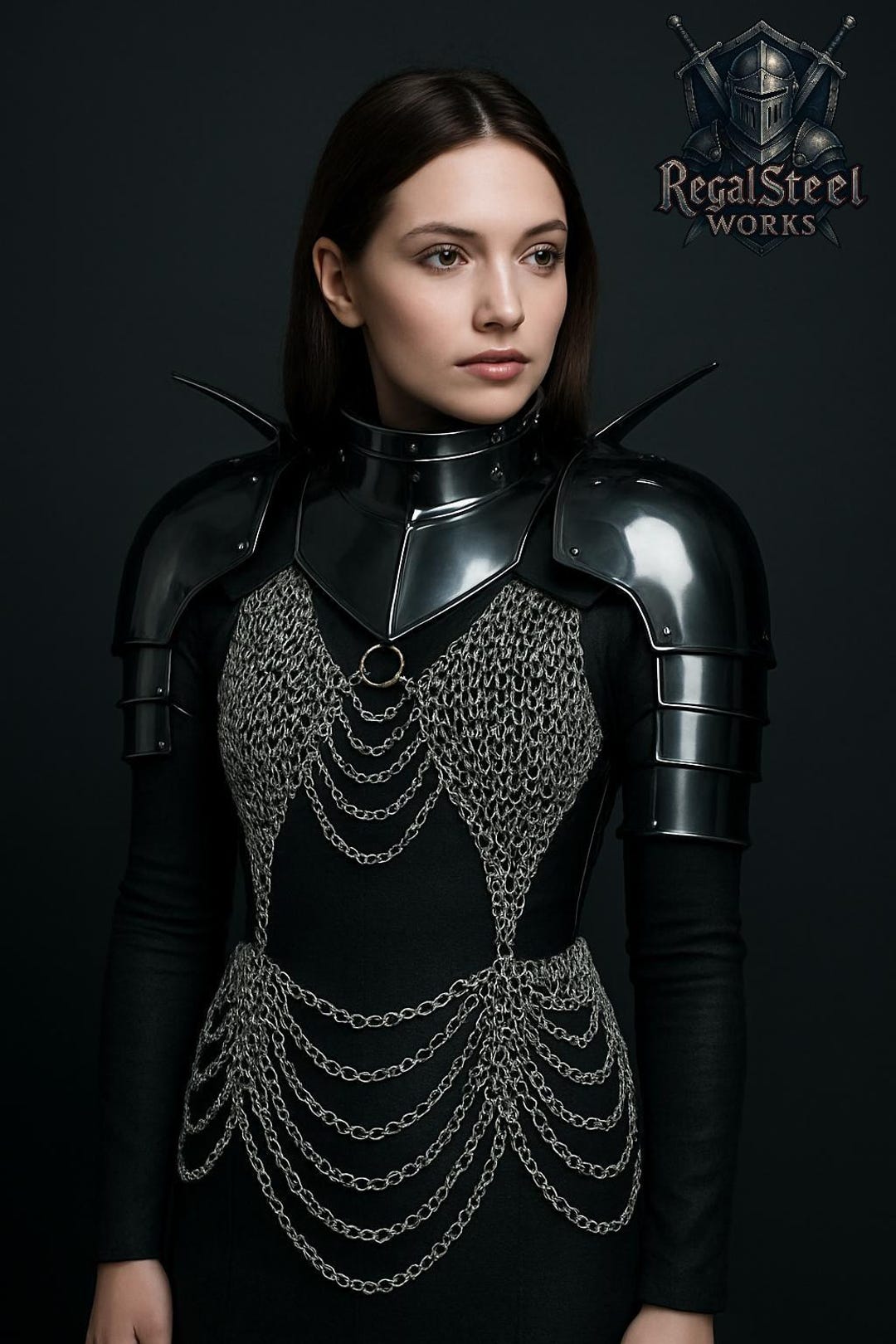 Gothic Dark Lady Armor Set – Black Steel Pauldrons With Chainmail Drape ...