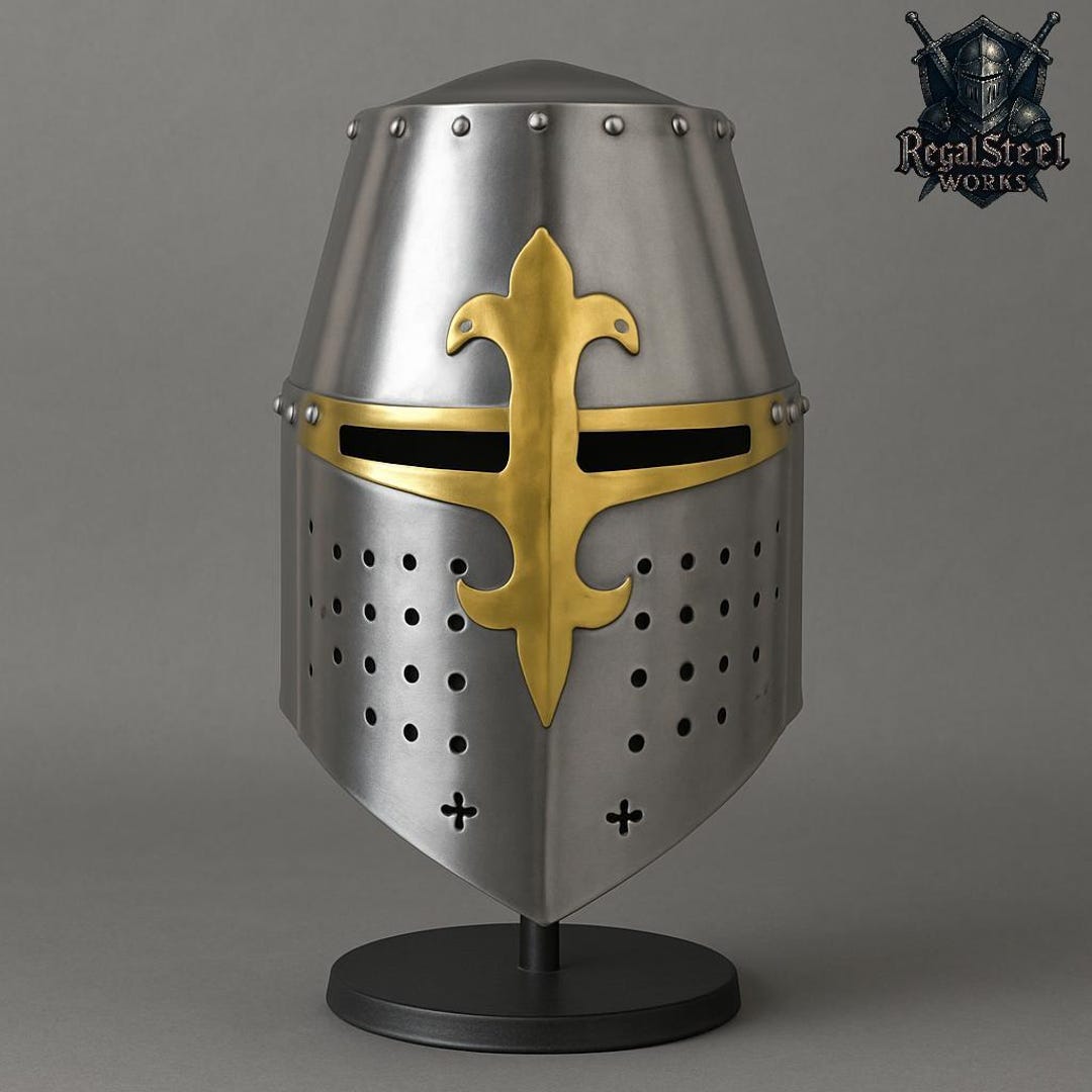 Crusader Great Helm With Ornate Brass Cross | 18 Gauge Steel Medieval ...