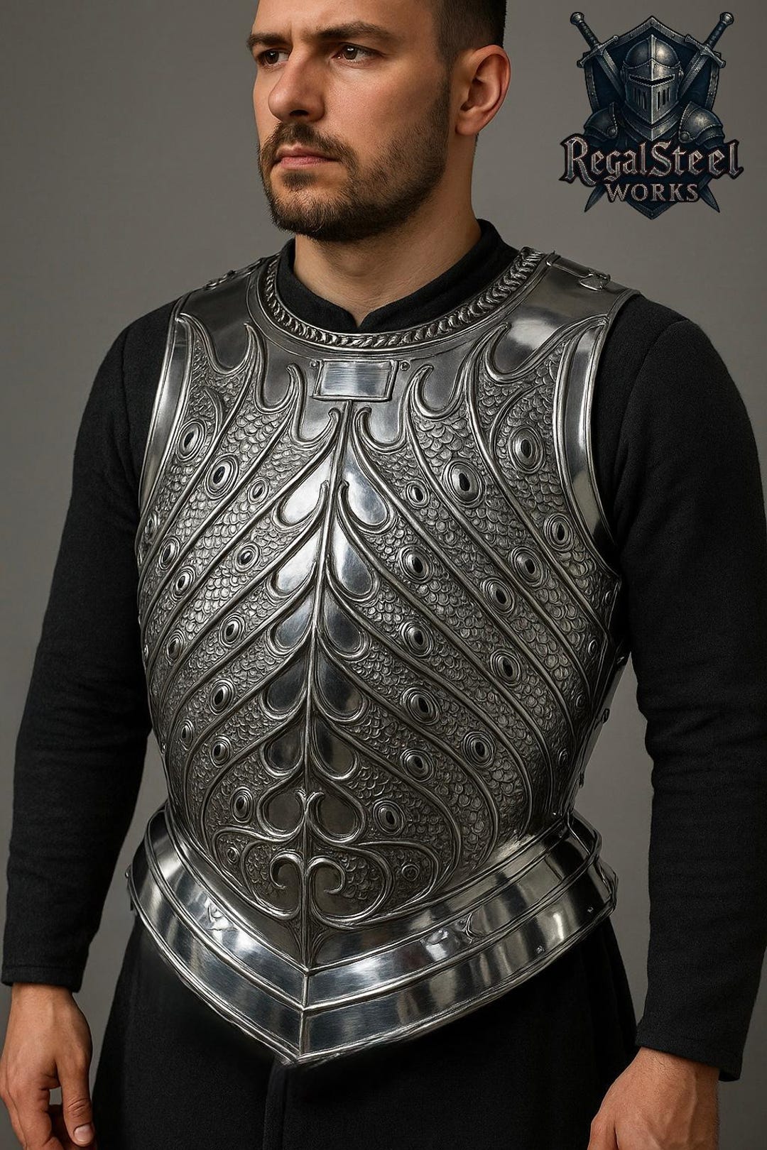 Medieval Knight Steel Dragon Scale Engraved Steel Cuirass Armor Fantasy ...