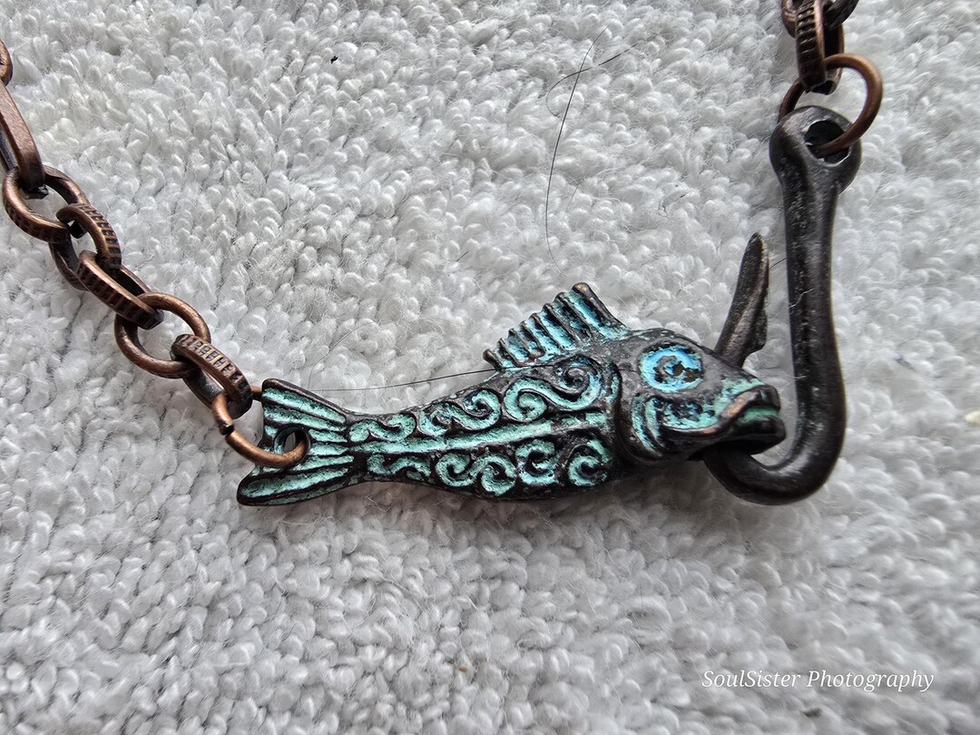 Copper Patina Fish Clasp Necklace, Upcycled Jewelry, 12" - Etsy