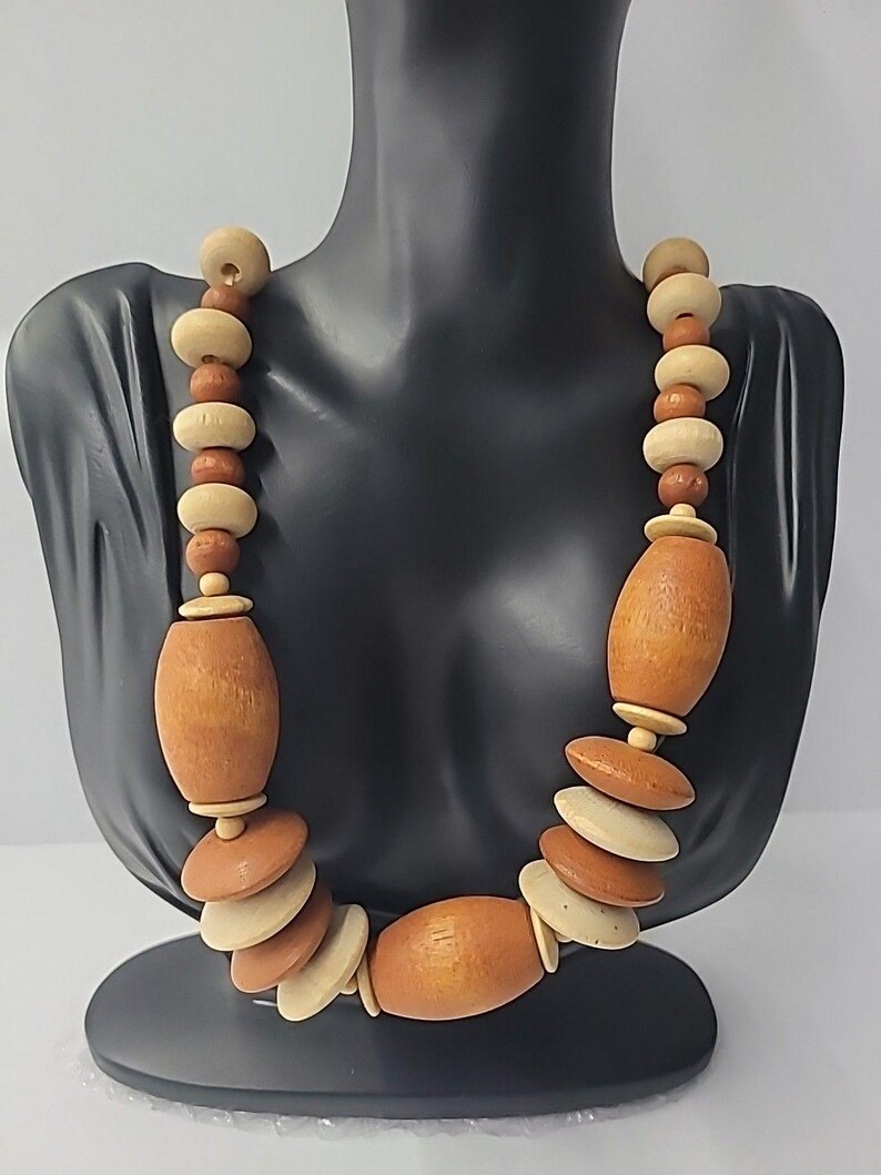 Vintage Boho Wood Beaded Statement Necklace Natural Earth Tone Chunky ...
