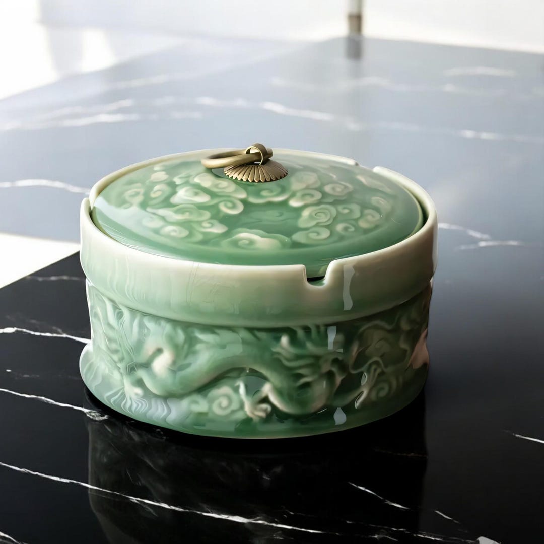 Vintage Ceramic Ashtray With Lid | Dragon Carved Glazed Ashtray ...