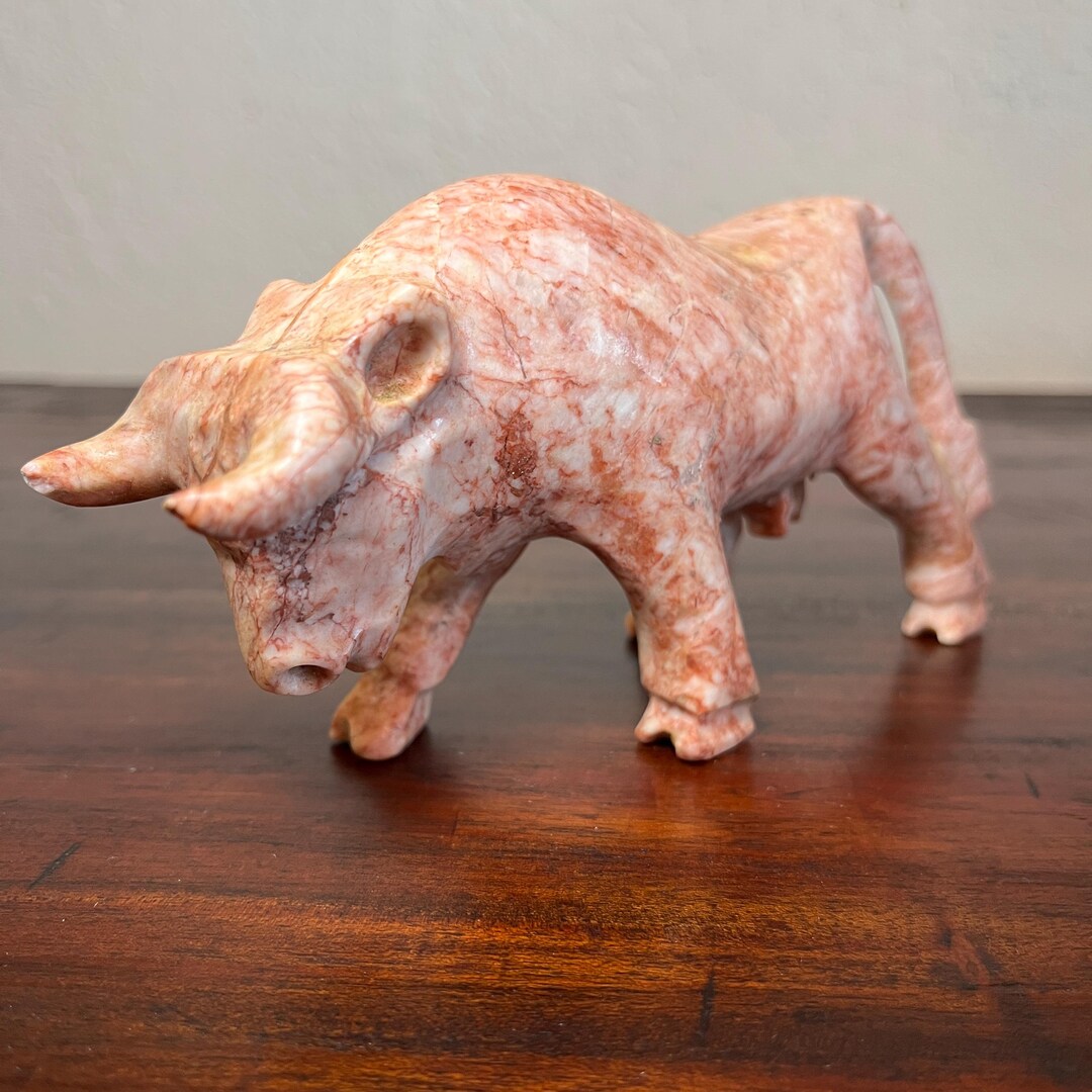 Vintage Pink Marble Stone Charging Bull Figurine Rustic European Retro ...