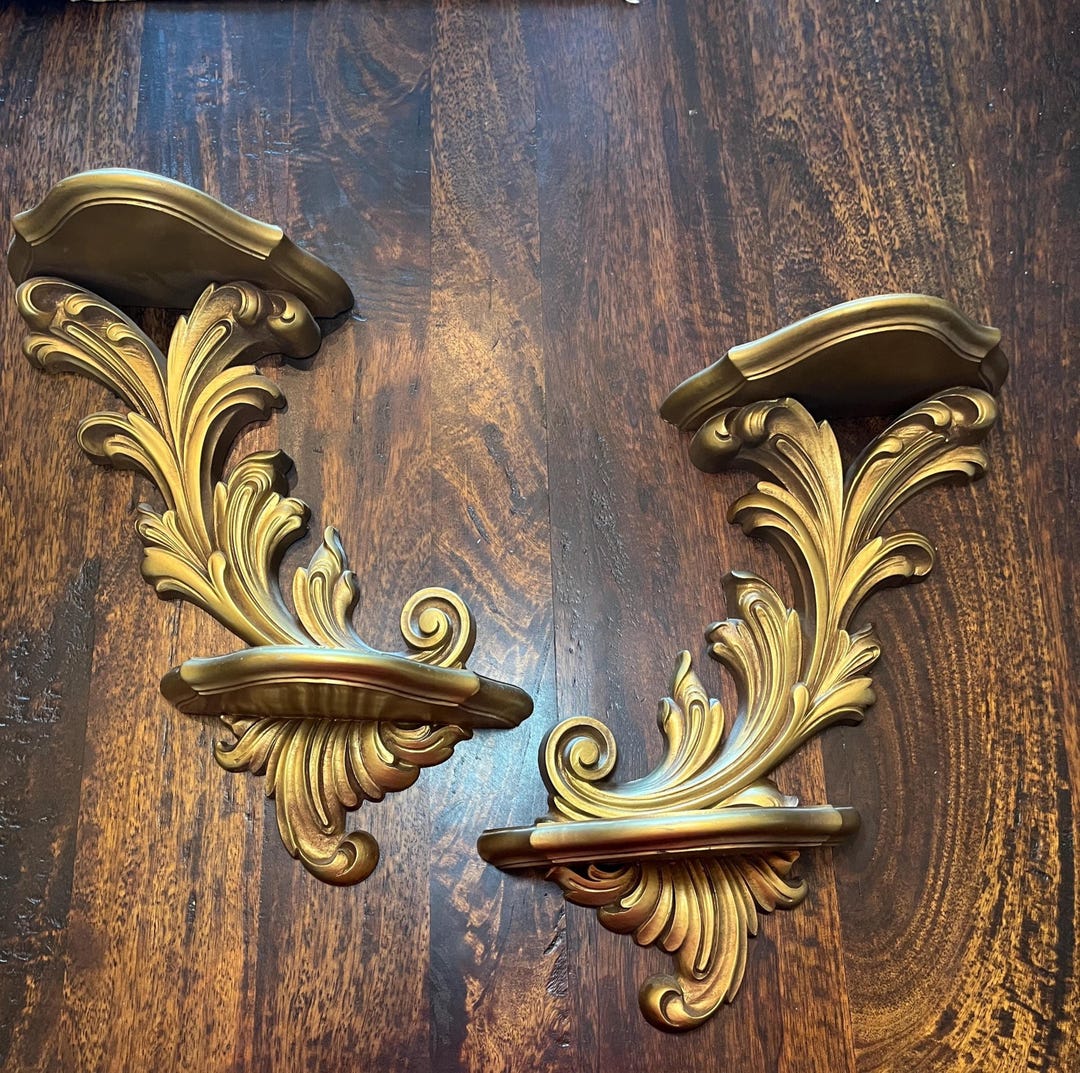 2 - Vintage MCM Homco 2 Tiered Gold Wall Shelf Art Nouveau Grannycore ...