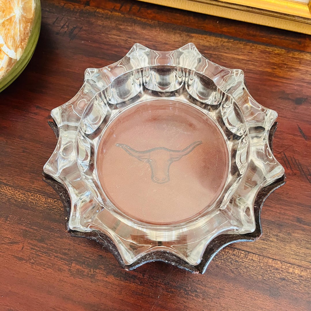 Vntg. Texas Longhorn Steer Tooled Leather & Glass Rustic Cowboy Ashtray ...