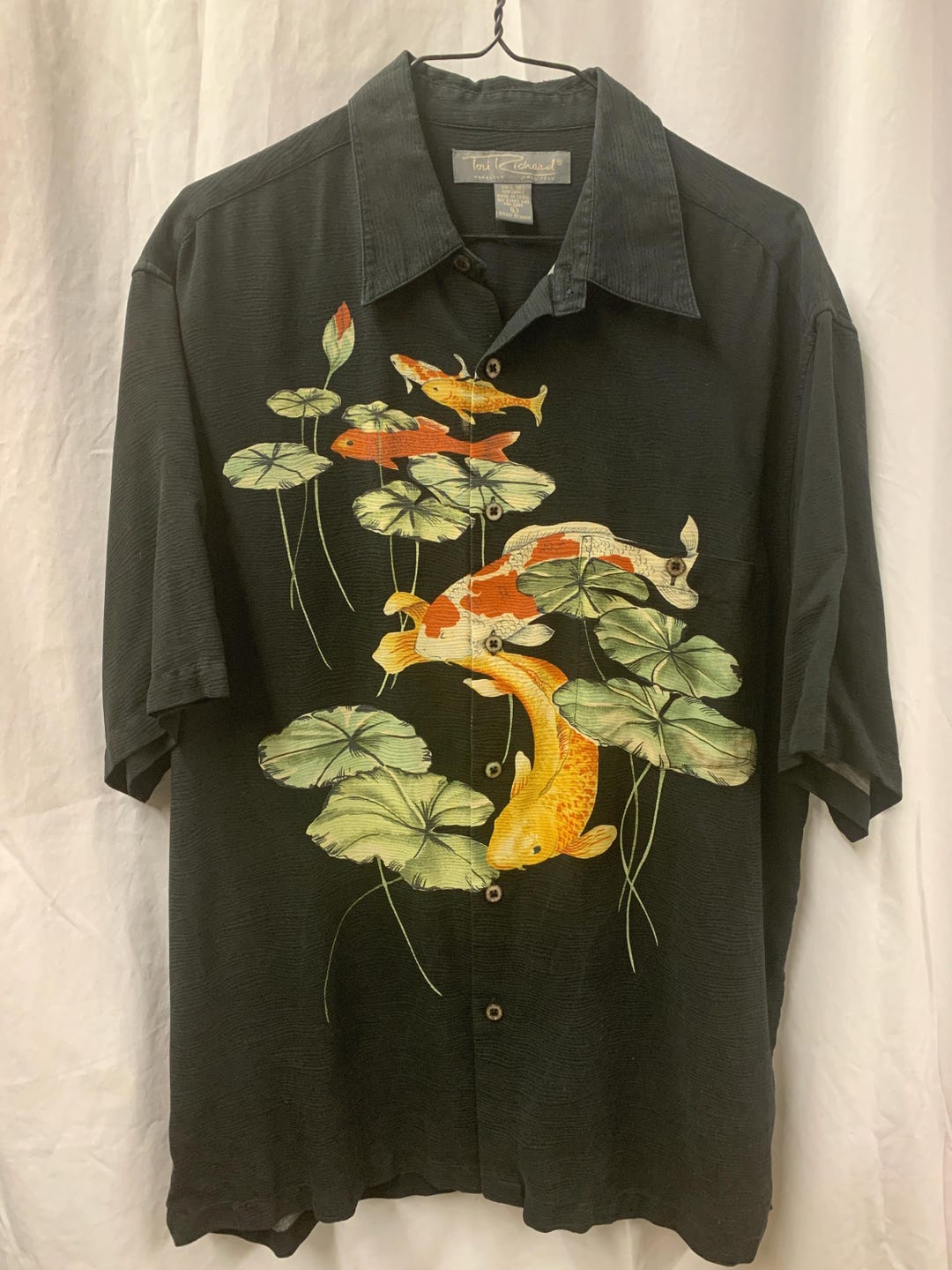 Tori Richards Koi Fish and Water Lily Black Silk Shirt Size Large - Etsy