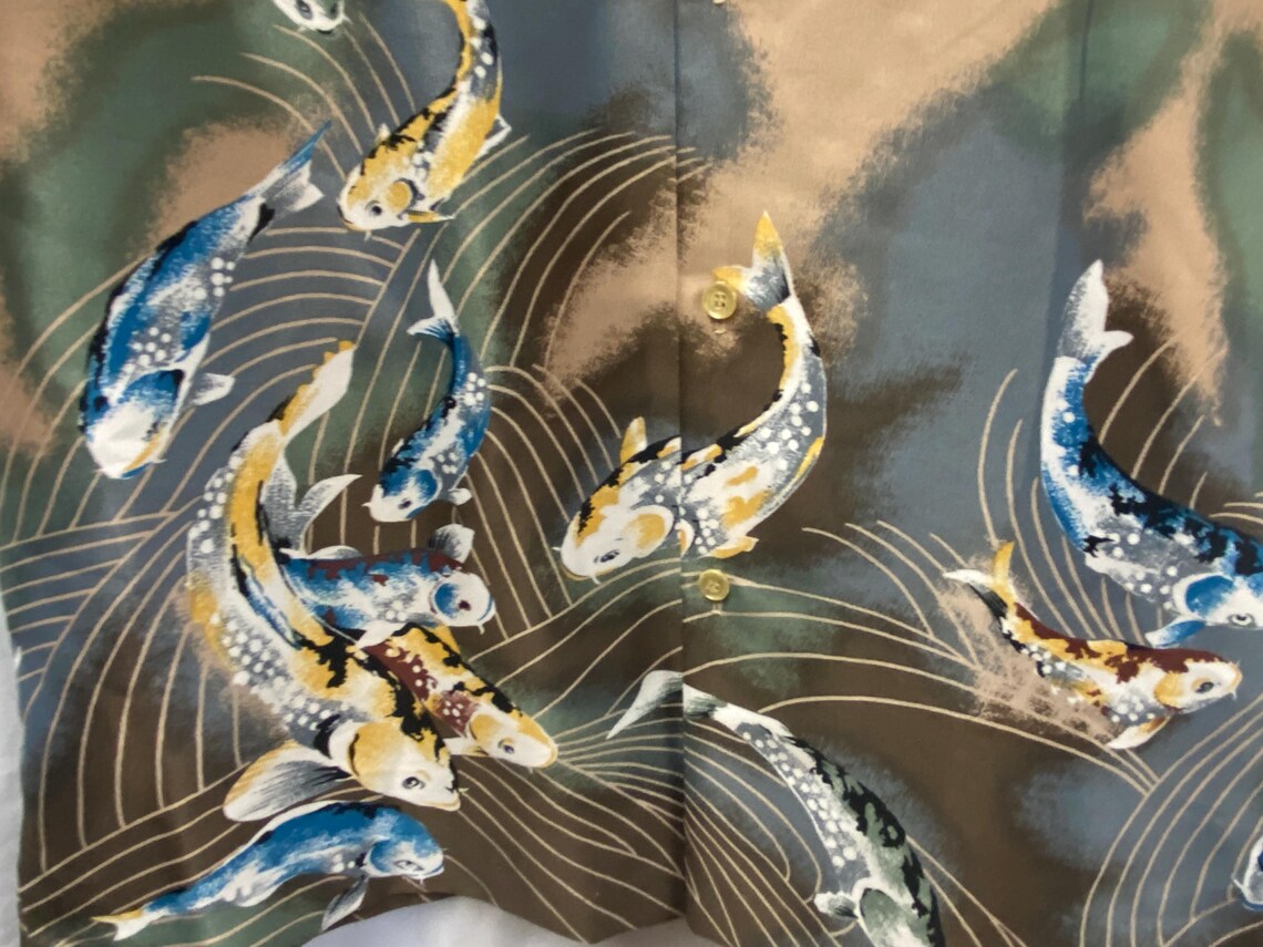 Tori Richards Mens Shirt M Tan With Multiple Koi Fish Short Sleeve - Etsy