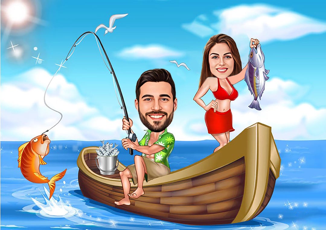 Custom Couple Fishing Caricature Art | Gift for Fisher Couple | Couple ...