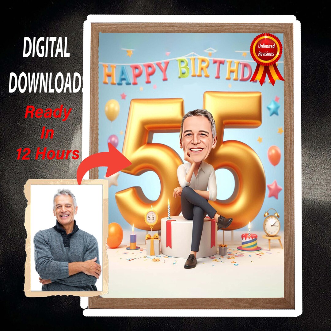 Custom 55th Man Cartoon Portrait | 55th Birthday Caricature | Birthday ...