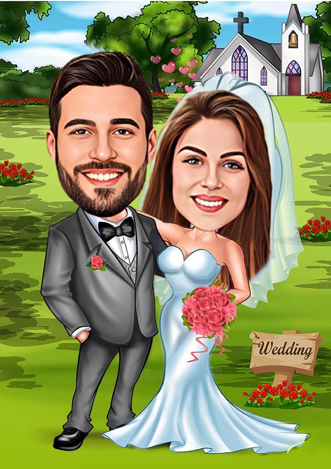 Personalized Wedding Cartoon Portrait, Custom Couple Caricature ...