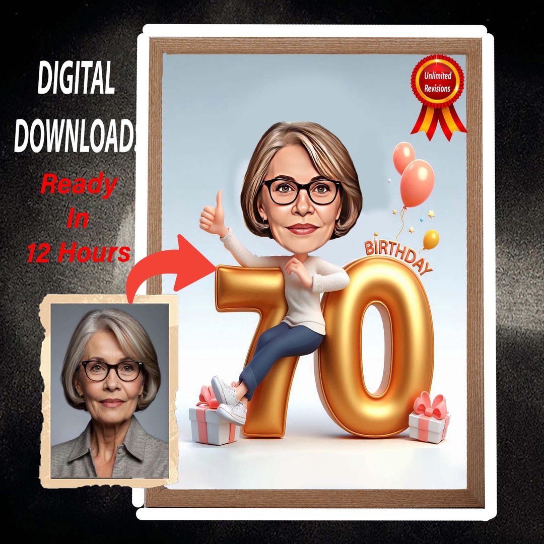 Custom Female 70th Birthday Caricature Born Special Milestone ...