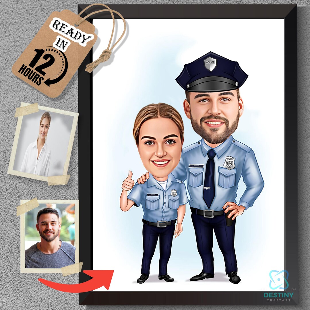 Custom Police Couple Cartoon Portrait Valentine's Day Couple Portrait ...