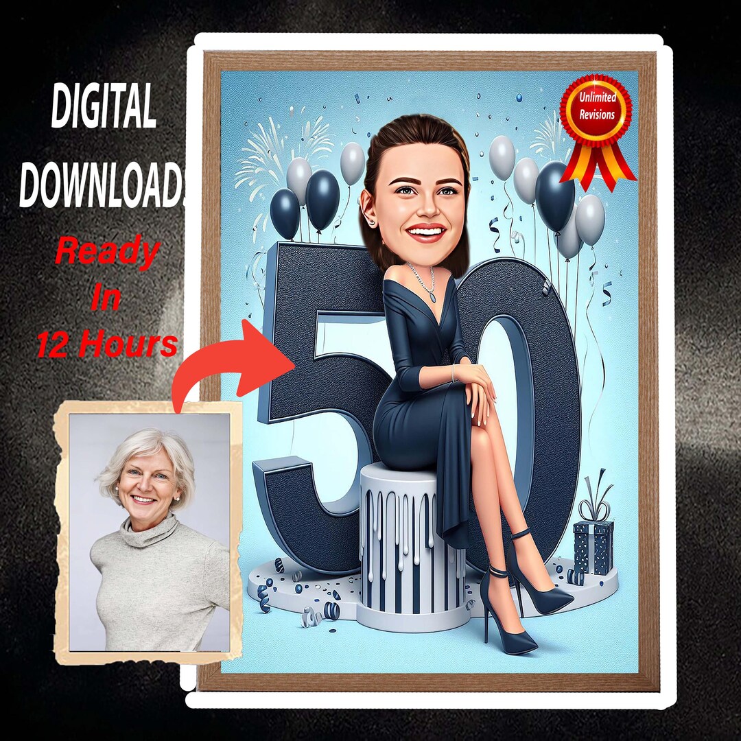 Personalised 50th Cartoon Portrait, Custom Happy Birthday Caricature ...