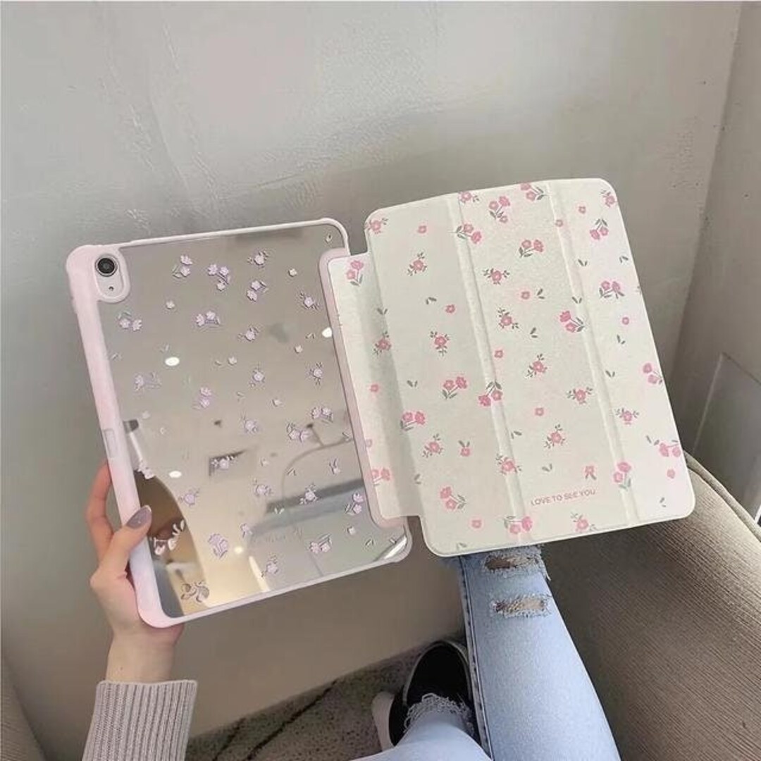 Floral Mirror iPad Case With Stand Pink Flower Pattern Shockproof ...