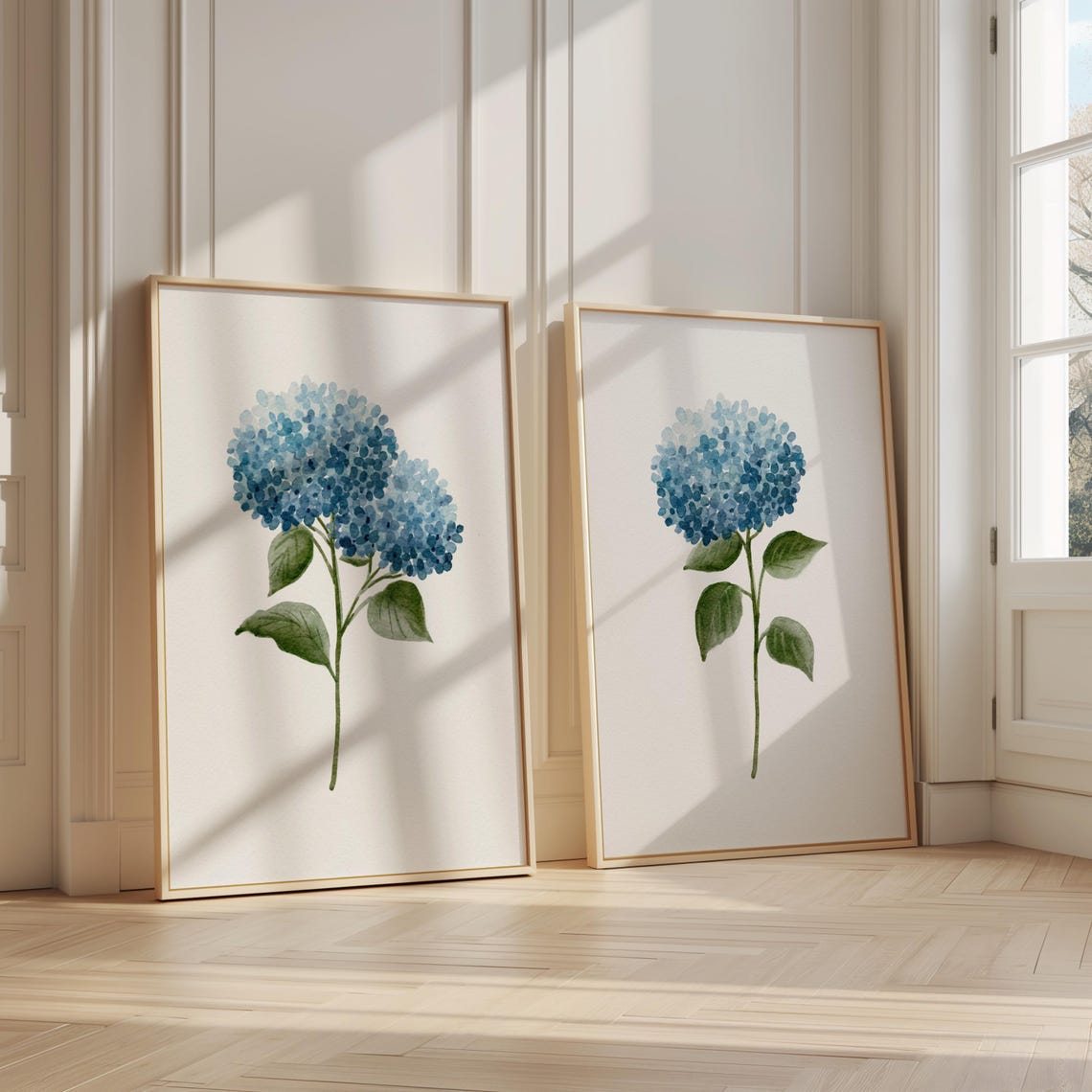 Set of 2 Blue Hydrangea Printable, Minimalist Wall Art, Big Flower Art ...