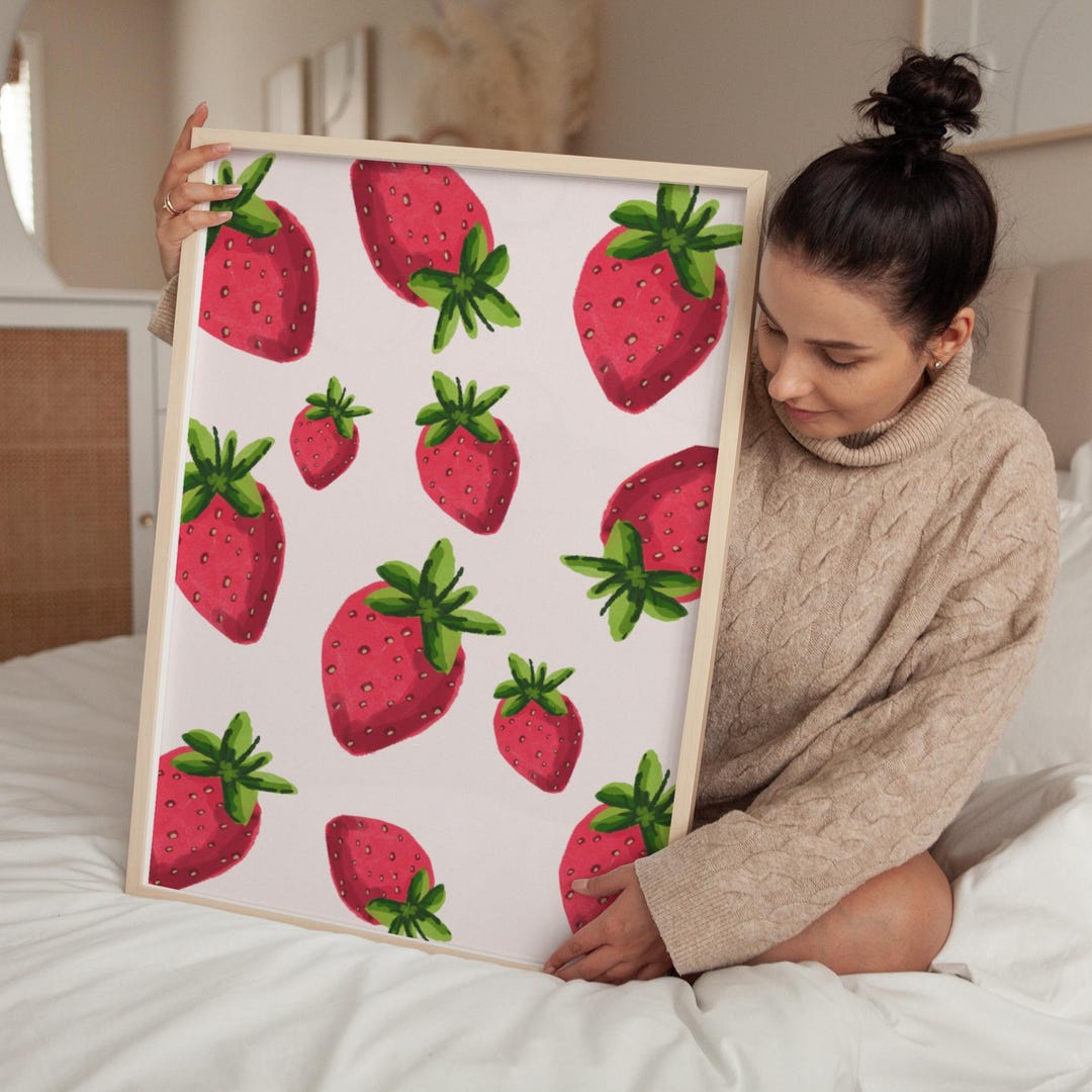 Cute Pink Strawberries Art Printable | Vintage Poster | Food Art Poster ...
