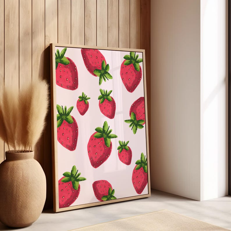 Cute Pink Strawberries Art Printable | Vintage Poster | Food Art Poster ...