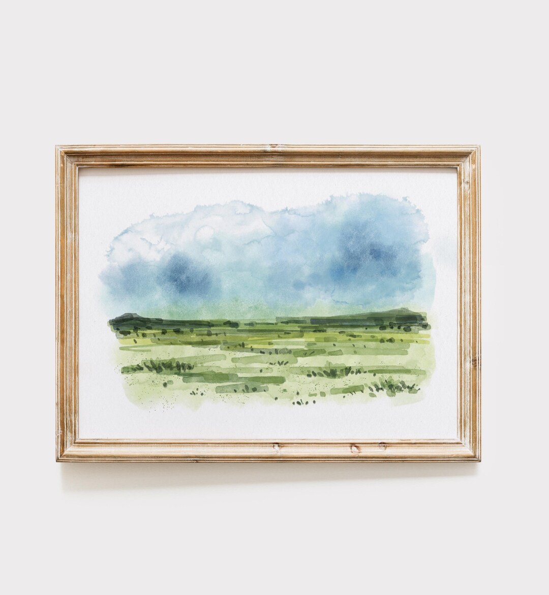 Arte imprimible de paisaje de cielo tormentoso en acuarela, estilo casa ...