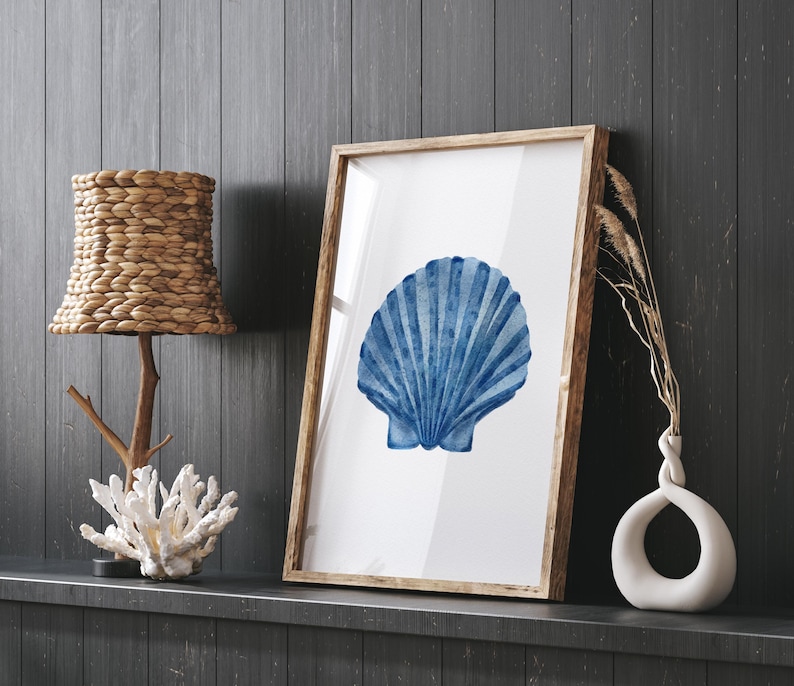 Navy Blue Scallop Shell Printable Wall Art, Coastal Beach House Decor ...