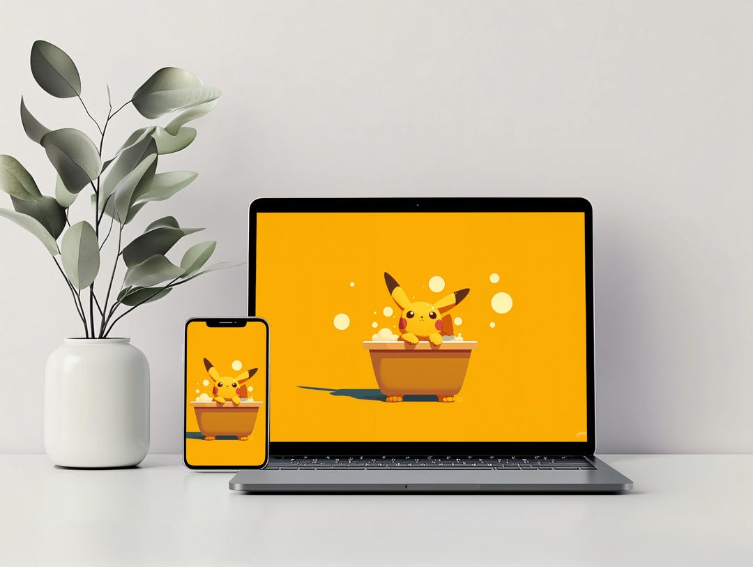 Pokemon Inspired Pikachu Wallpaper - Pikachu in A Tub - Digital Artwork ...