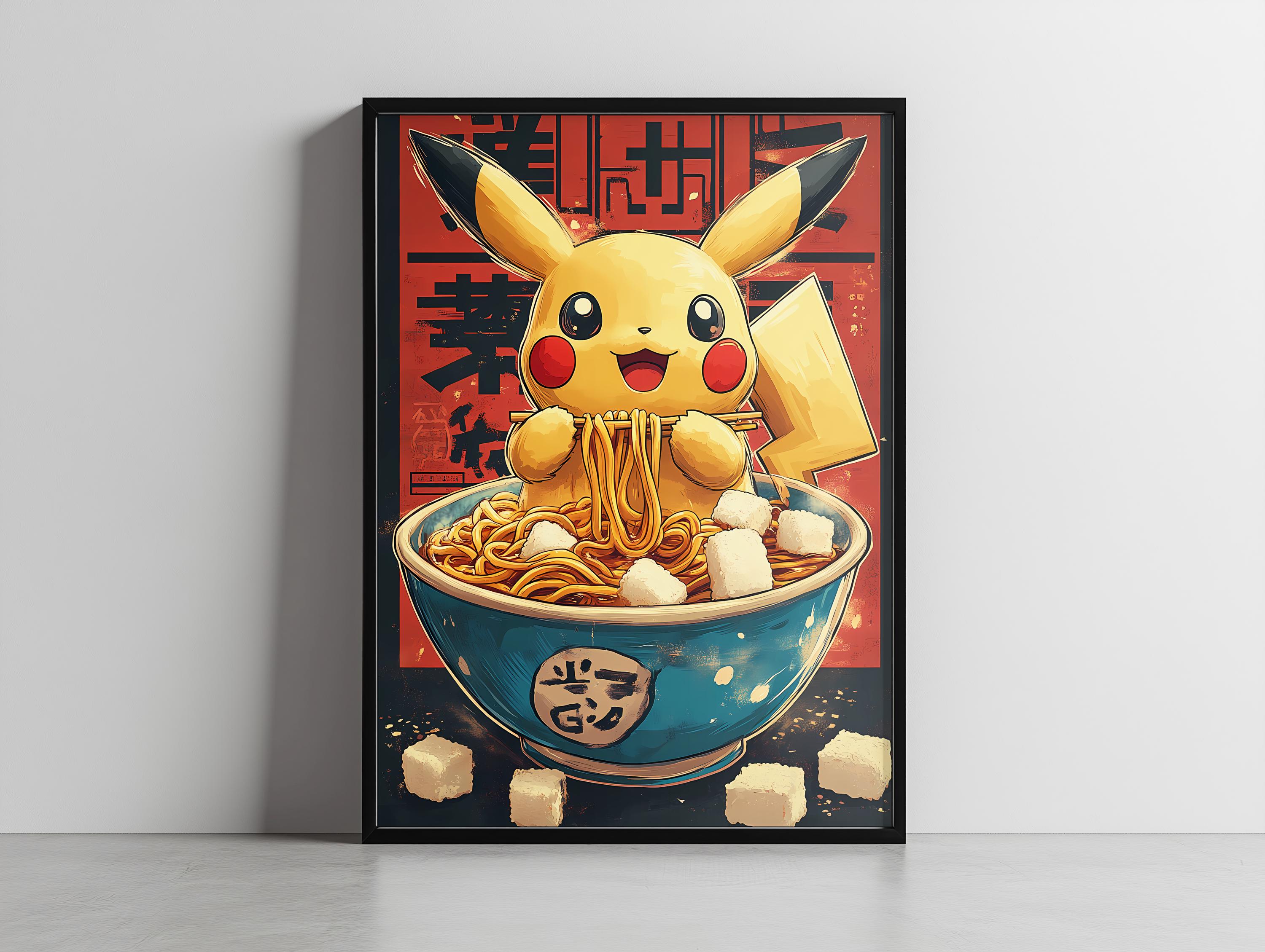 Pokemon Inspired Pikachu Poster - Pikachu in Raman Bowl Eating Noodles ...