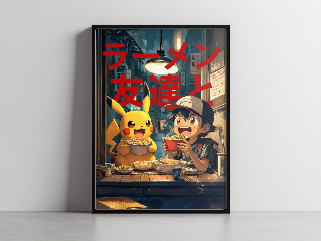 Pokemon-inspired Ramen Shop Poster - Pikachu & Ash Eating Noodles ...