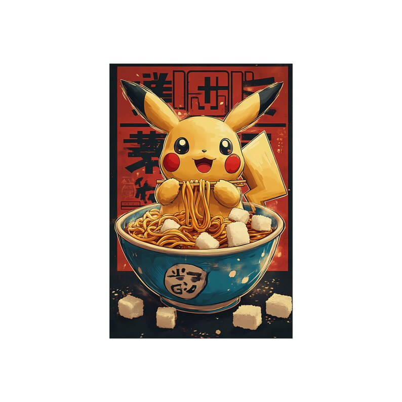 Pokemon Inspired Pikachu Poster - Pikachu in Raman Bowl Eating Noodles ...