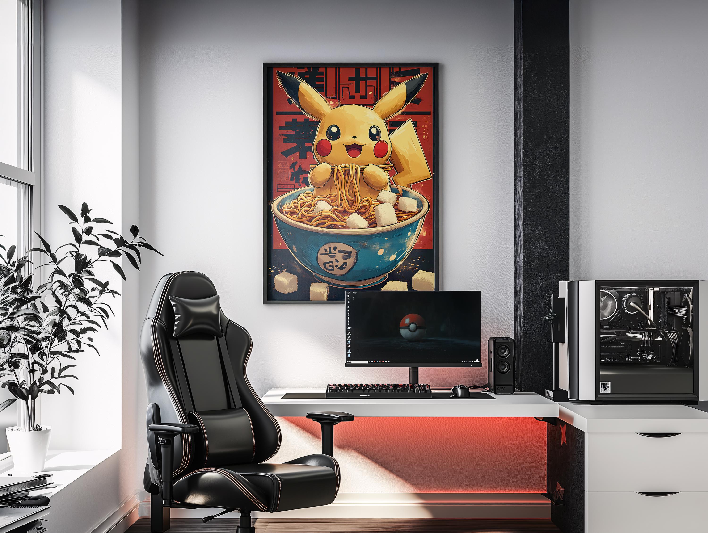 Pokemon Inspired Pikachu Poster - Pikachu in Raman Bowl Eating Noodles ...