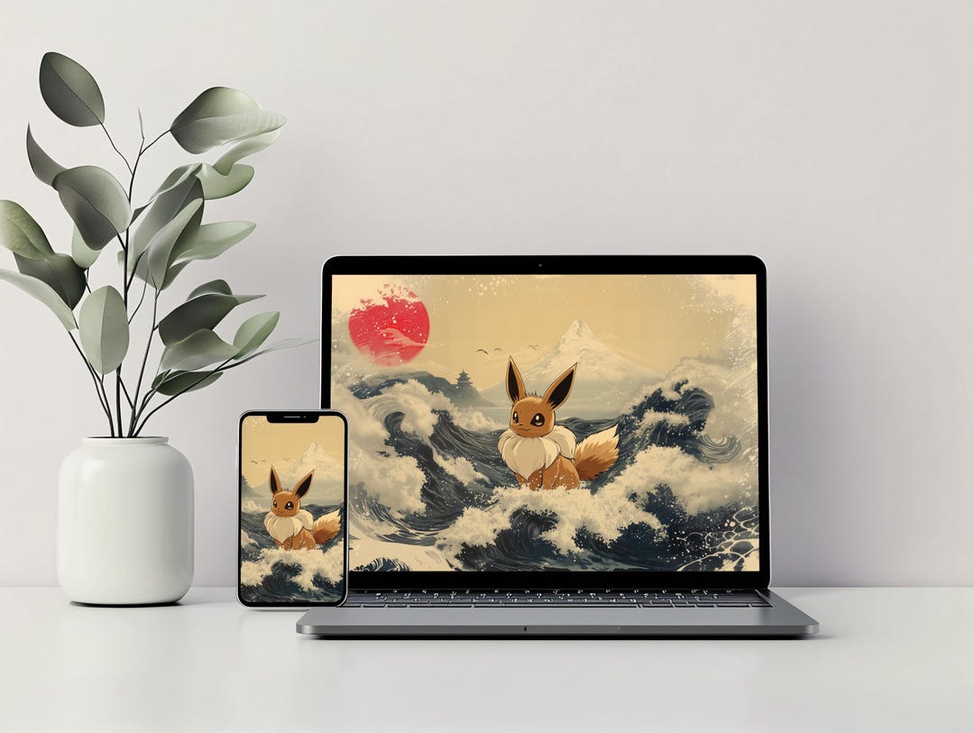 Pokemon Inspired Eevee Wallpaper - Eevee Riding Japanese Waves ...