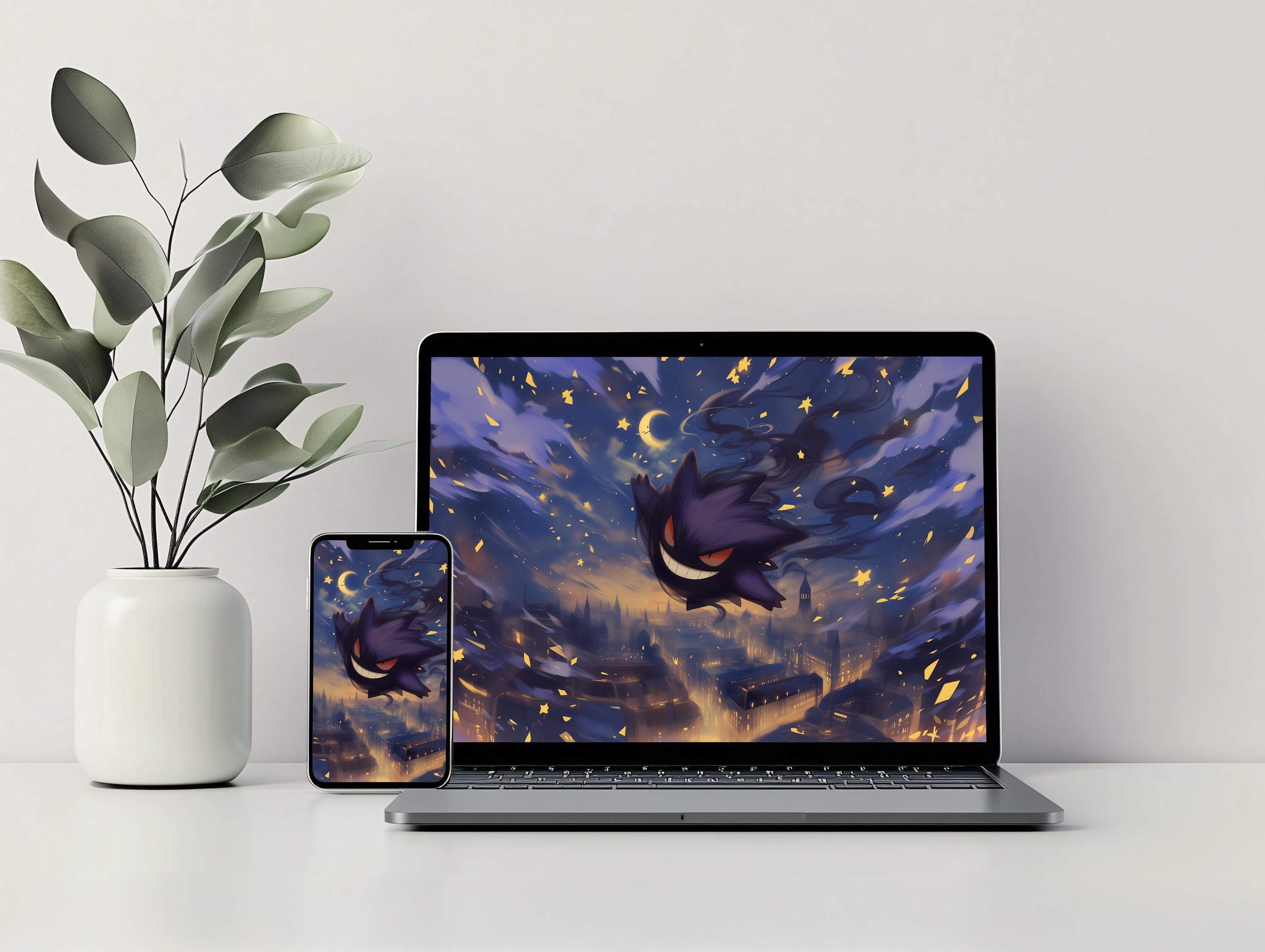 Pokemon Inspired Gengar Wallpaper - Gengar Flying Over A Town - Digital ...