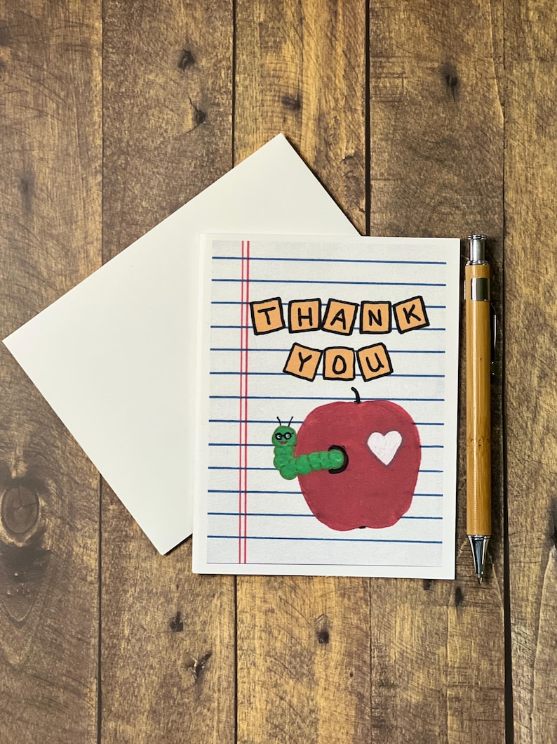 Teacher Thank You Card | Cute Apple and Worm Card | Back to School, End ...