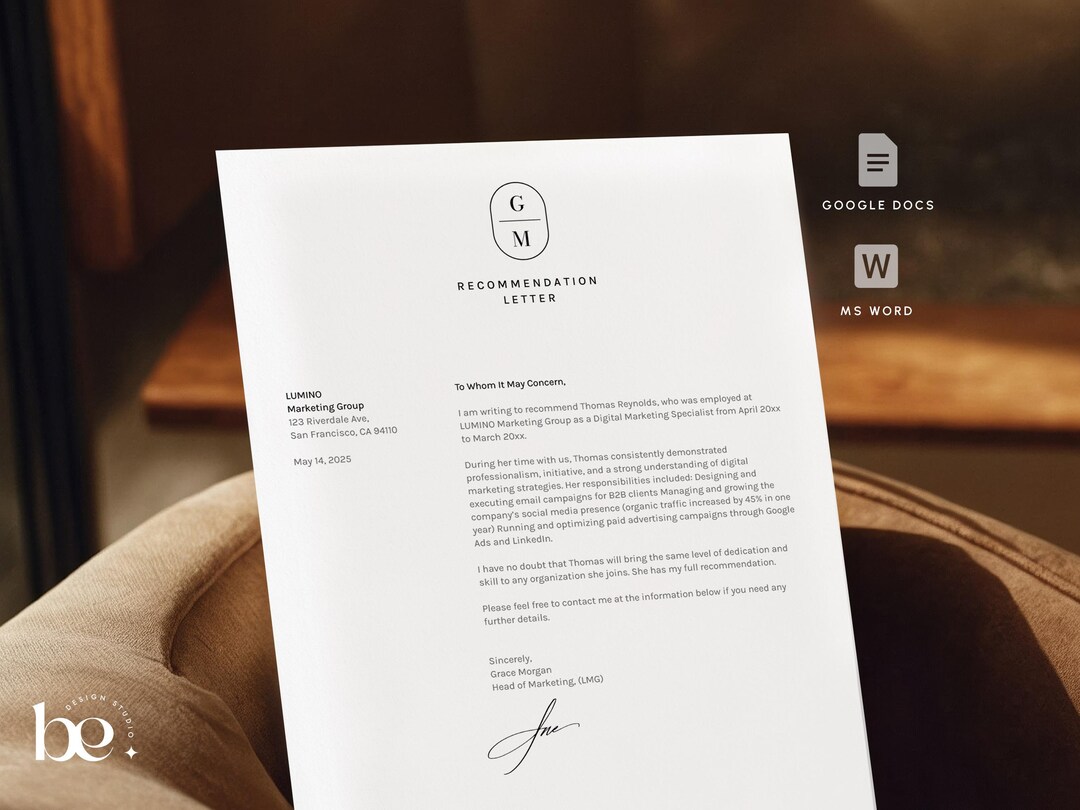 Modern Recommendation Letter Template for Word & Google Docs ...
